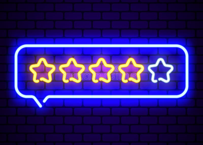 Feedback Concept. Blue Neon Five Star Rating Bubble on Dark Brick Background. Editable Stroke ...