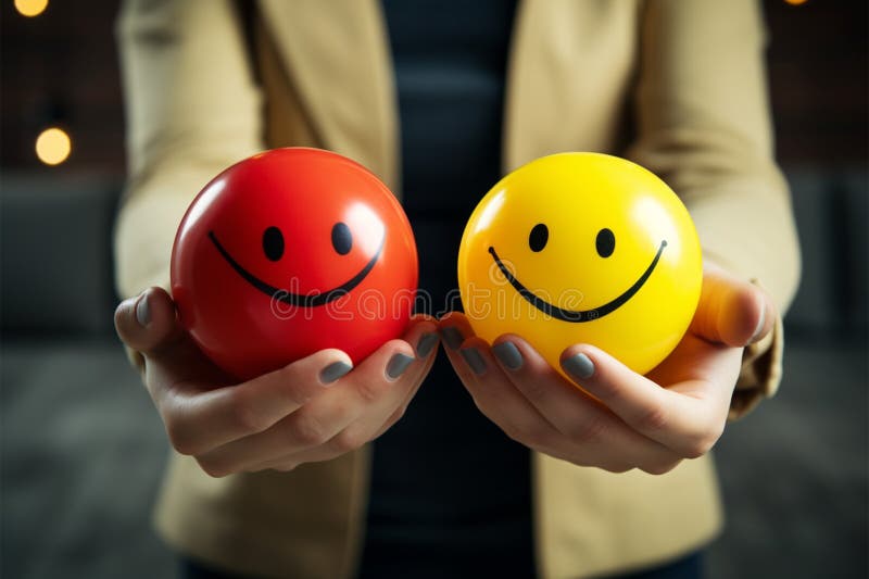 Feedback Concept Couple Holds Red and Yellow Smiley Faces Closeup Stock ...