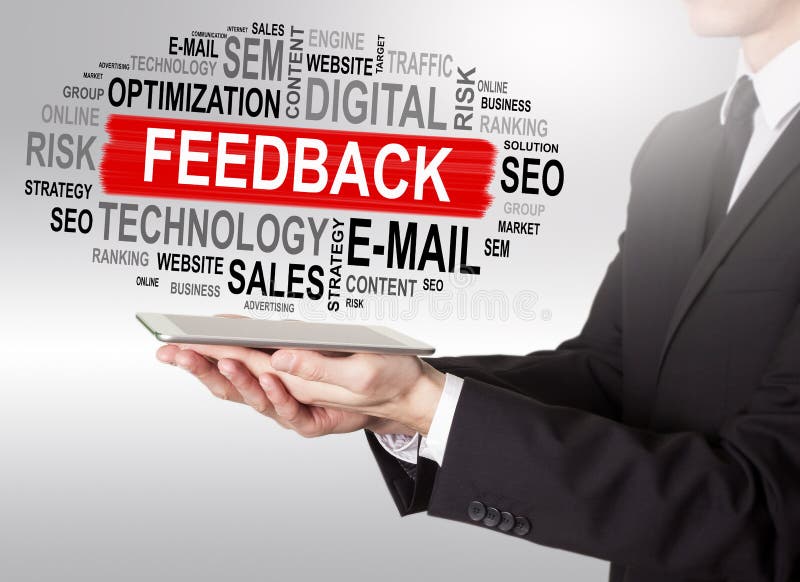 Feedback Concept, Young Man Holding a Tablet Computer Stock Photo ...