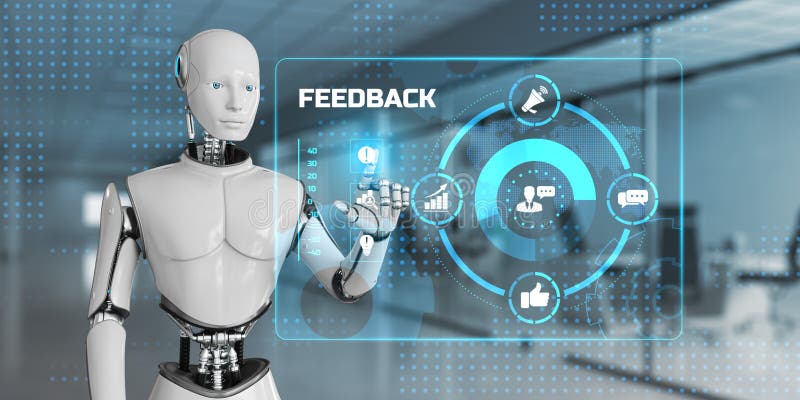 Feedback Customer Satisfaction Review. Robot Pressing Button on Virtual ...