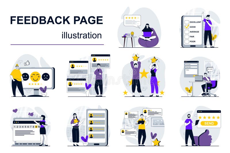 Feedback Page Concept with Character Situations Mega Set. Vector ...