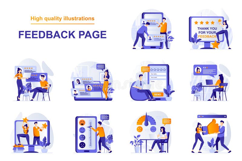 Feedback Page Web Concept with People Scenes Set in Flat Style. Stock ...