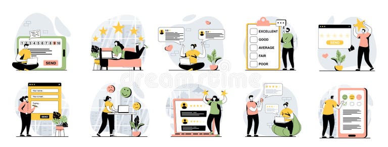 Feedback Web Concept with People Scenes Mega Set in Flat Design. Bundle ...