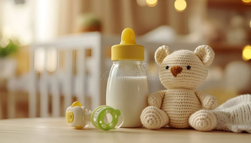 Feeding Bottles with Milk, Toy and Pacifier on Wooden Table Indoors ...