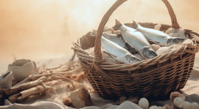 "Feeding the Multitude". Fresh Fish in a Wicker Basket on the Sand ...