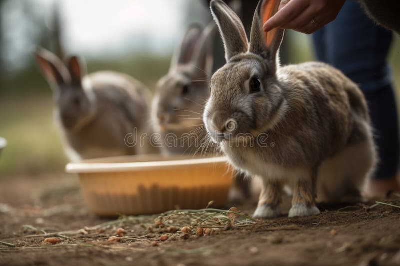 Feeding rabbits on farm stock illustration. Illustration of village ...