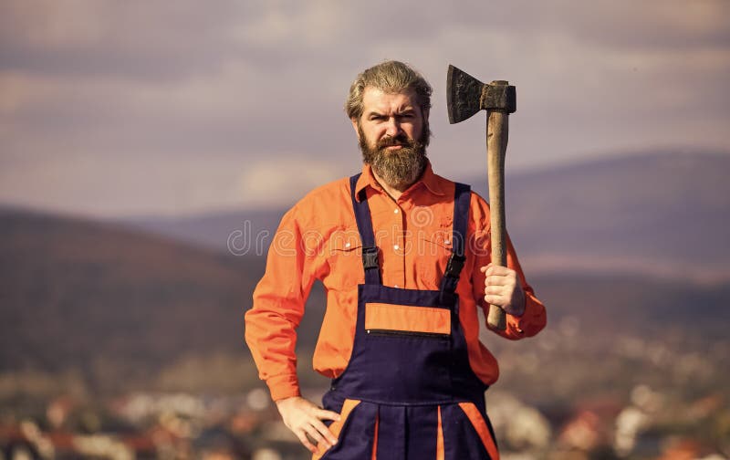 Feeling Aggressive. Mature Man Builder Use Axe. Professional Repairman ...