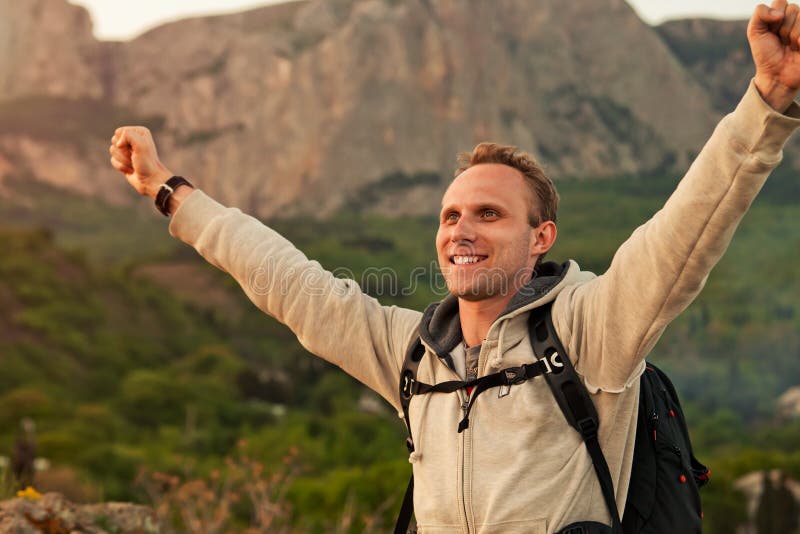Feeling Freedom Man on the Mountain Landscape Stock Image - Image of ...