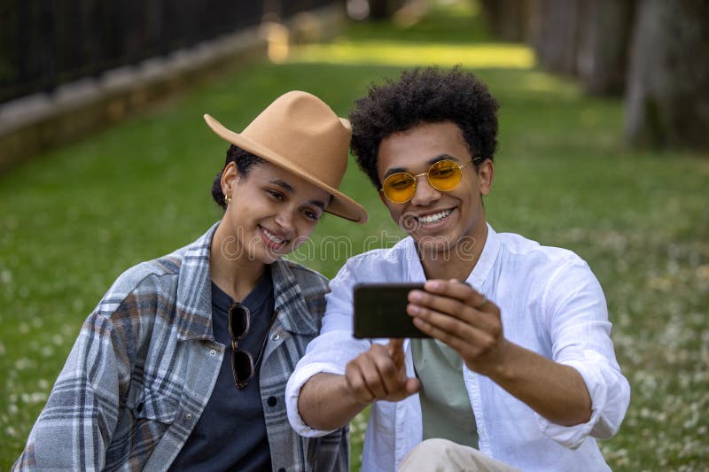 Smiling Couple Making Selfie in the Park Stock Image - Image of ...