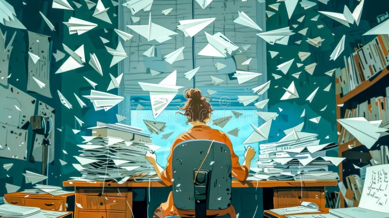 Illustration of a Person Swamped with Flying Papers at a Busy Desk ...
