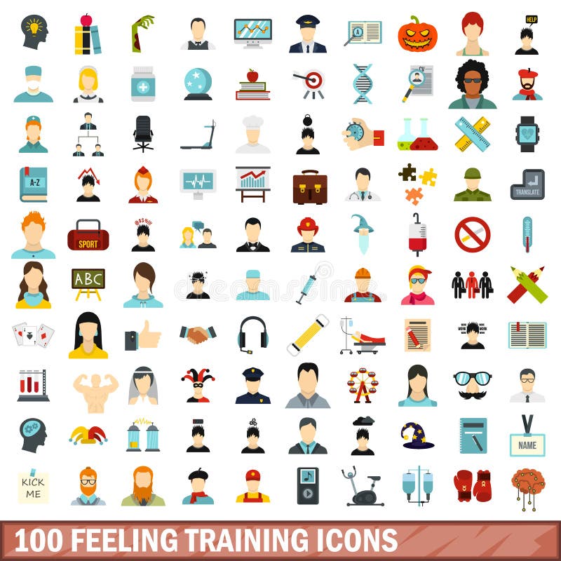 100 Feeling Training Icons Set, Flat Style Stock Vector - Illustration ...