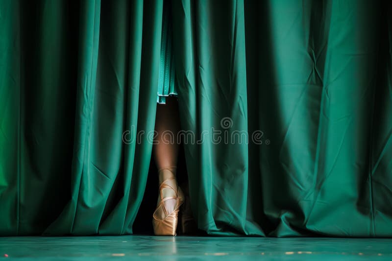 Feet of Dancer Waiting Behind Closed Green Stage Curtain Stock Photo ...