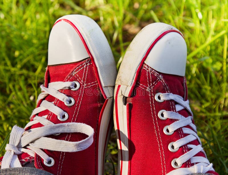 Feet in Dirty Red Sneakers Outdoors. Stock Image - Image of shabby ...