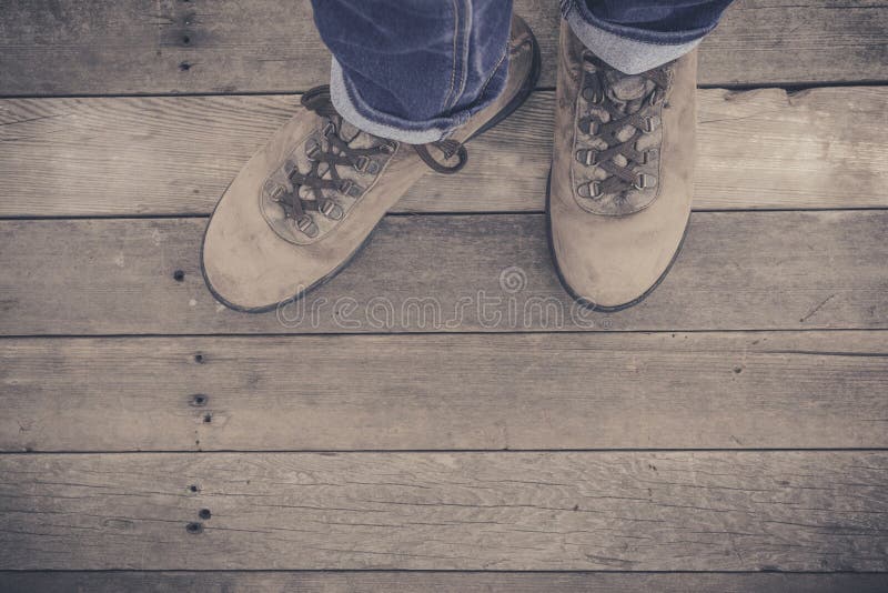 Feet. First-Person View on Rustic Wood Background. Stock Photo - Image ...
