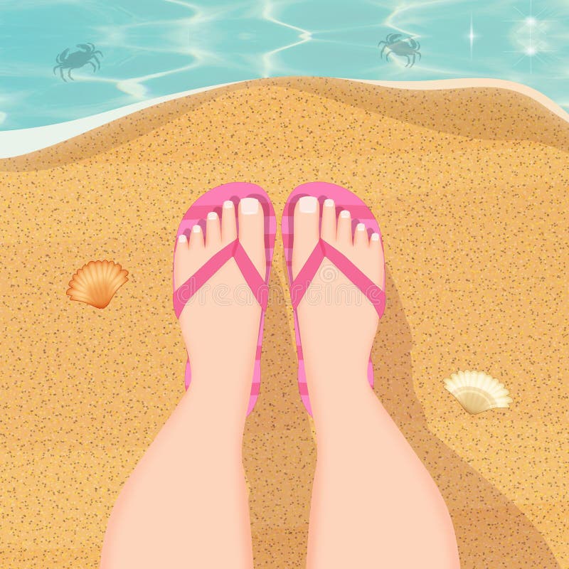 Feet with Flip Flops on the Beach Stock Illustration - Illustration of ...