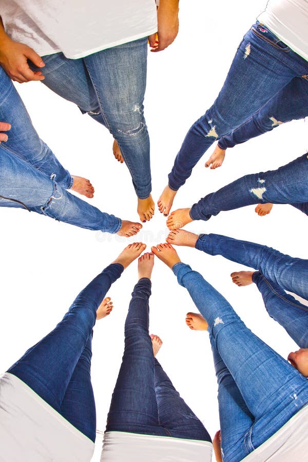 Feet Of Girls With Jeans In A Circle Stock Photo - Image of barefoot ...