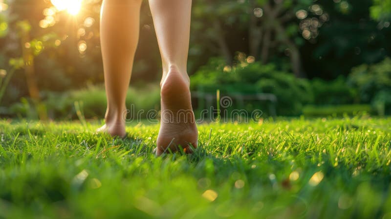 Feet on Lawn Grass. Selective Focus Stock Illustration - Illustration ...