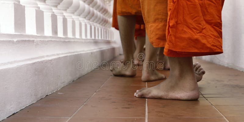 The Feet of Monks Close-up. Feeding the Monks. the Ritual is Called Tak ...
