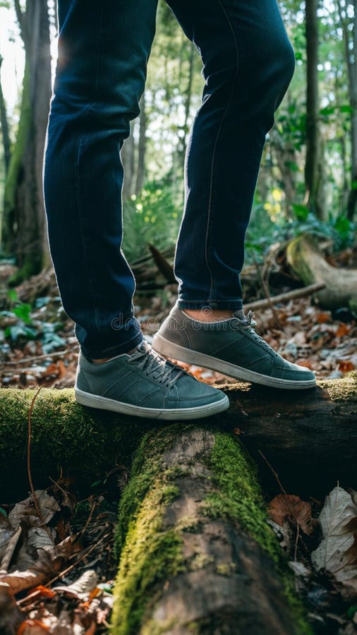 Feet on Moss Covered Log in Forest, Sunlight Filtering through Trees ...