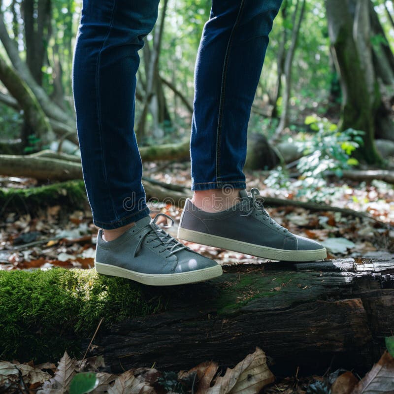 Feet on Moss Covered Log in Forest, Sunlight Filtering through Trees ...