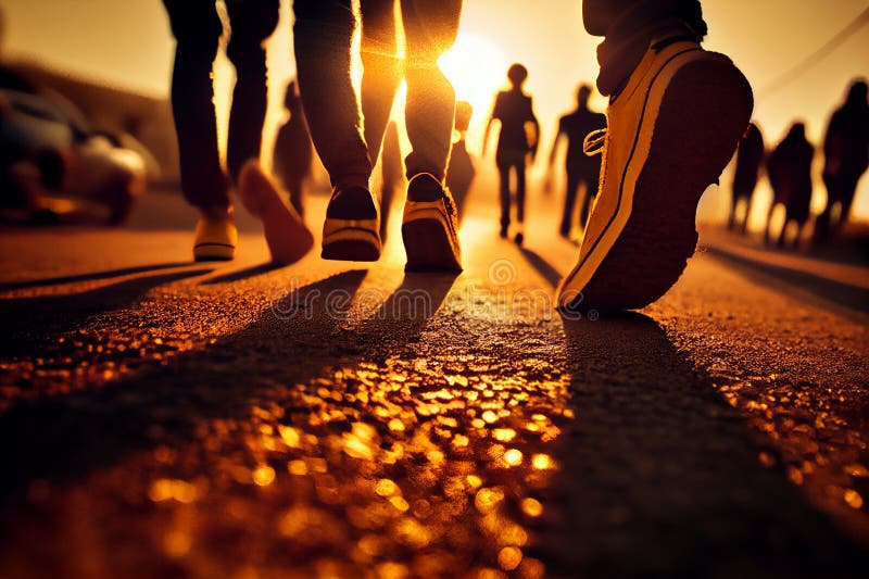 Feet of Passers-by in the City Illuminated by the Setting Sun. AI ...