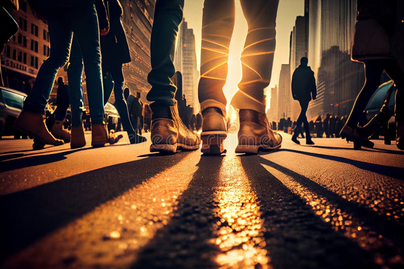 Feet of Passers-by in the City Illuminated by the Setting Sun. AI ...