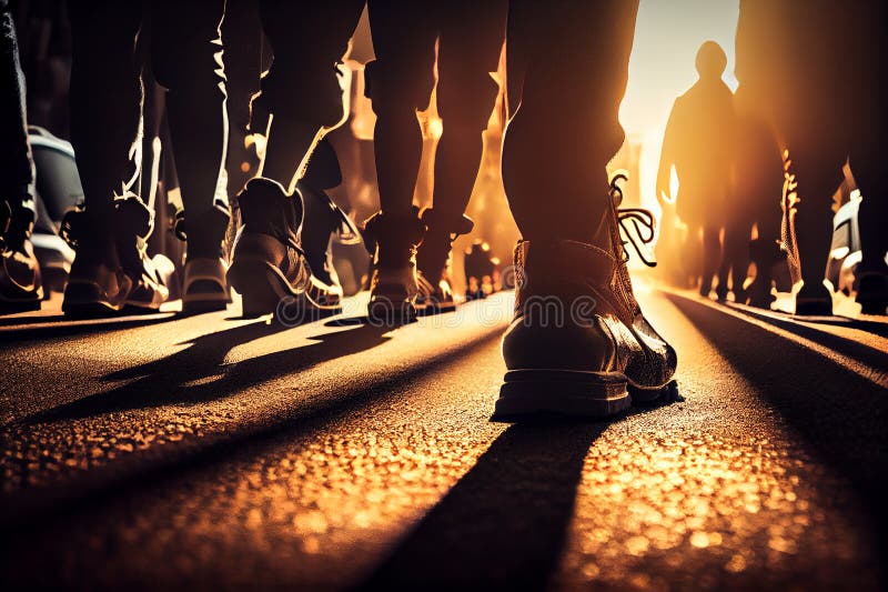 Feet of Passers-by in the City Illuminated by the Setting Sun. AI ...