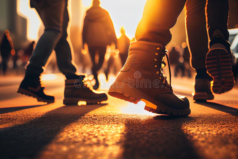 Feet of Passers-by in the City Illuminated by the Setting Sun. AI ...