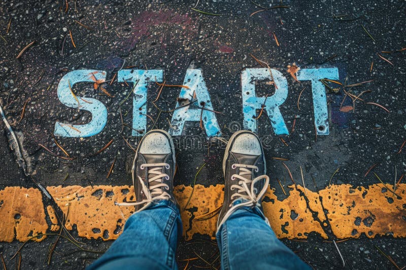 Feet on the Road in Front of the Word Start, Goal Achievement Concept ...