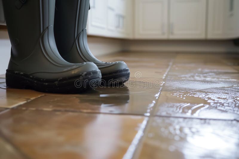 Feet in Rubber Boots in a Puddle on Kitchen Tiles Stock Photo - Image ...