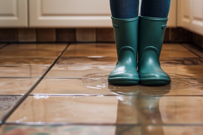 Feet in Rubber Boots in a Puddle on Kitchen Tiles Stock Image - Image ...
