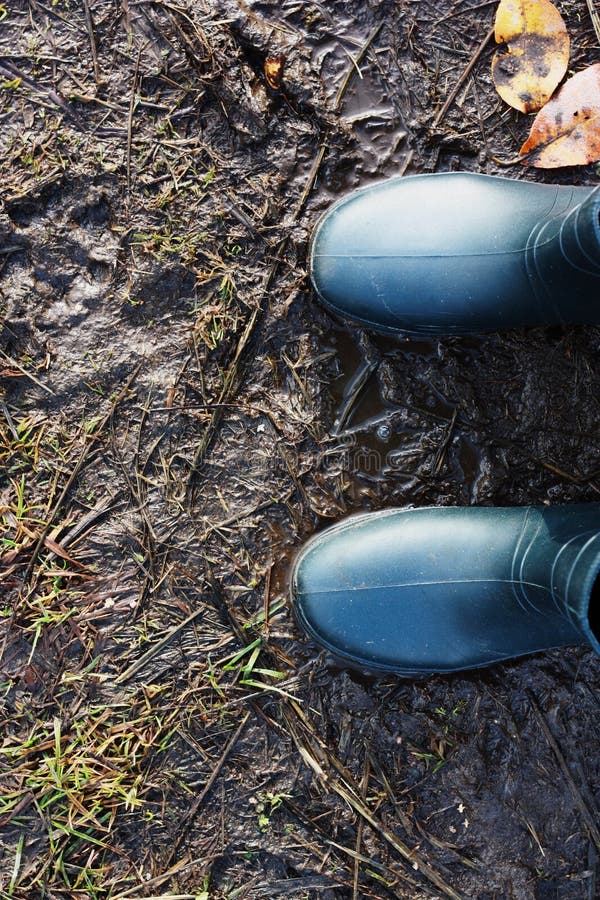 Feet in Rubber Boots in a Puddle Stock Image - Image of road, autumn ...