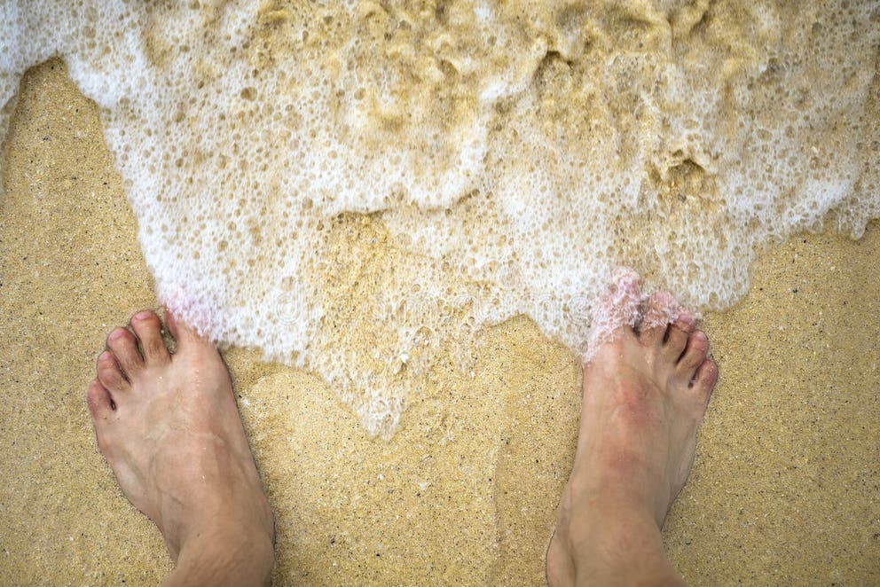 Feet on Sea Sand with Bubble Float Wave Stock Image - Image of lines ...