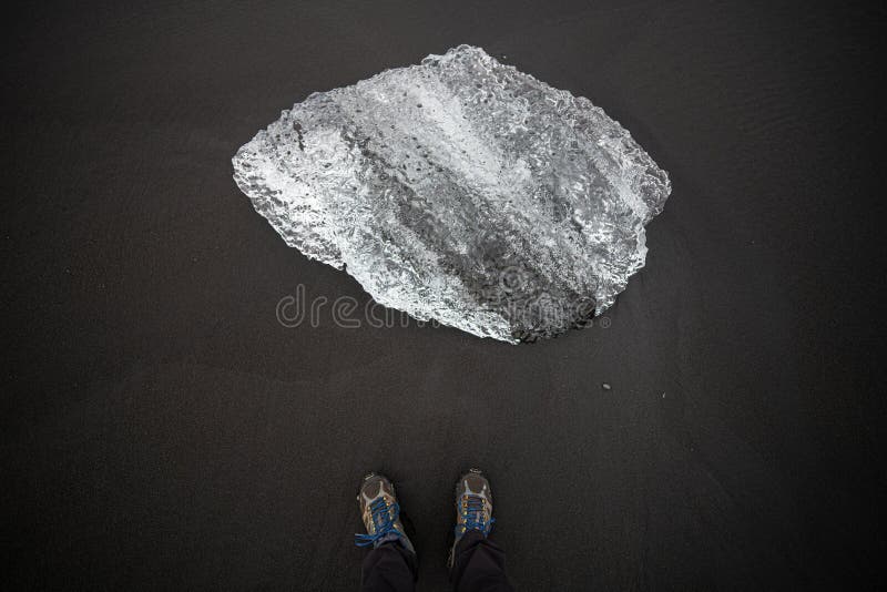Feet Selfie on Black Sand Beach with Diamond Ice Blocks, Iceland Stock ...