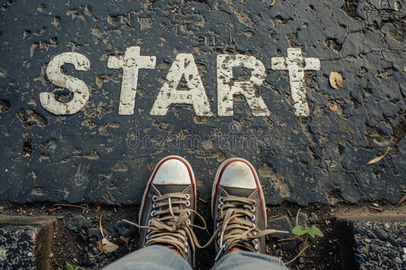 Feet in Sneakers on the Road at the Start Stock Image - Image of word ...