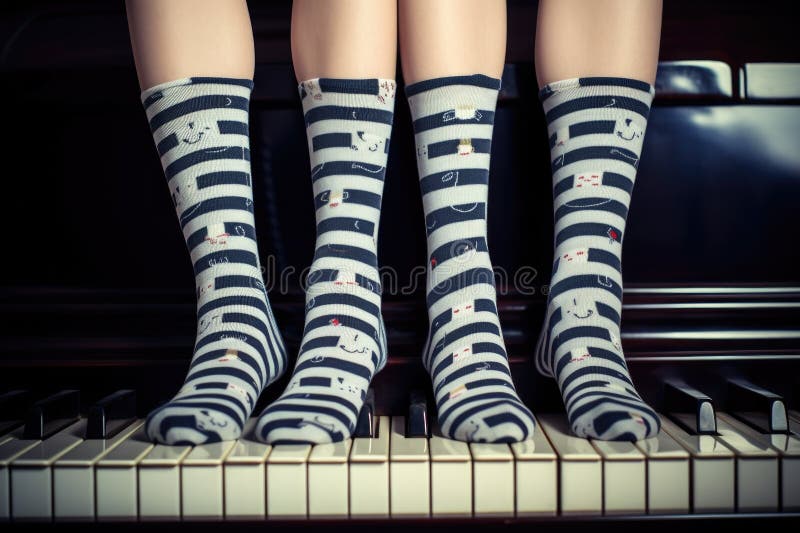 Feet in Socks with Musical Notes Design on a Piano Keyboard Stock ...