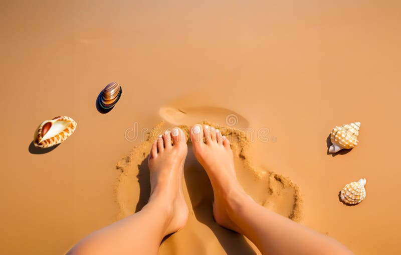 Feet Standing in Sand on the Beach with Conch Shells. Stock ...