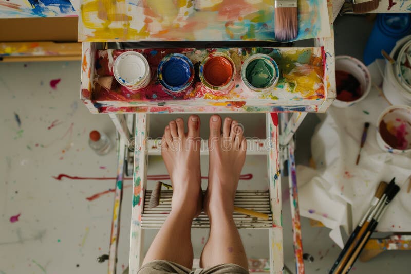 Feet on a Step Ladder with Paint and Brushes Stock Image - Image of ...