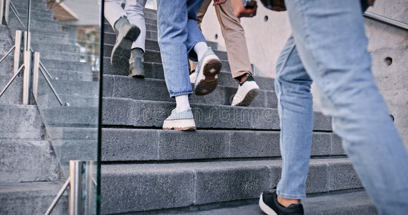 Feet, Students and Walking on Stairs at School for Education, Learning ...