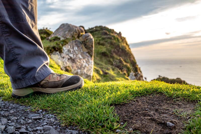 Feet Trekking Boots on Rocky Cliff Edge Stock Image - Image of journey ...