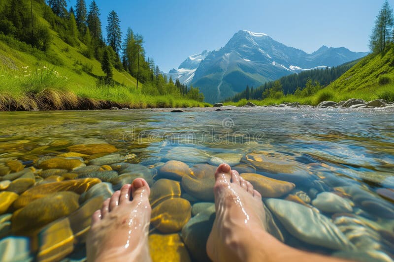 Feet Wading through a Clear Mountain Stream Stock Photo - Image of ...