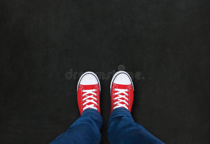 Feet Wearing Red Shoes on Black Background Stock Photo - Image of shoes ...