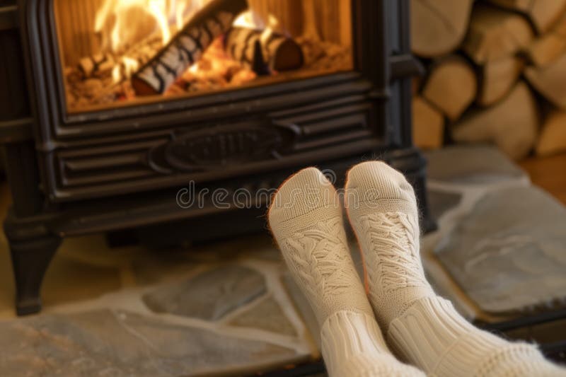 Feet in Wool Socks by Wood Stove Stock Photo - Image of relaxation ...