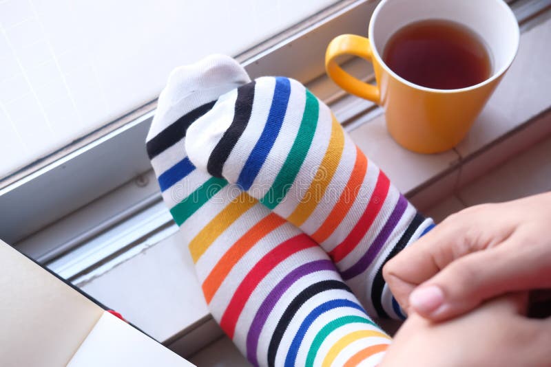 Feet in Woolen Socks with Tea on Floor. Stock Photo - Image of casual ...
