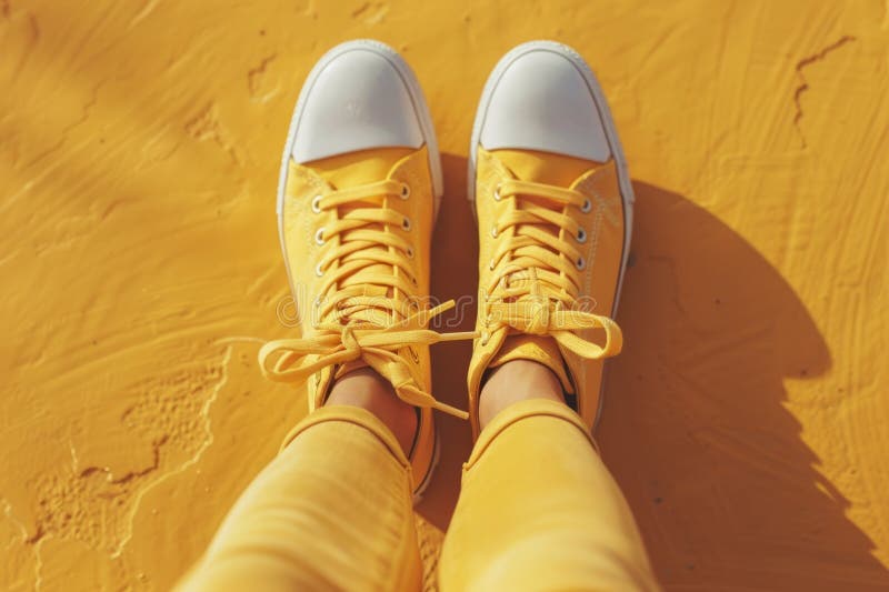 Feet in Yellow Sneakers on a Yellow Surface Stock Photo - Image of ...