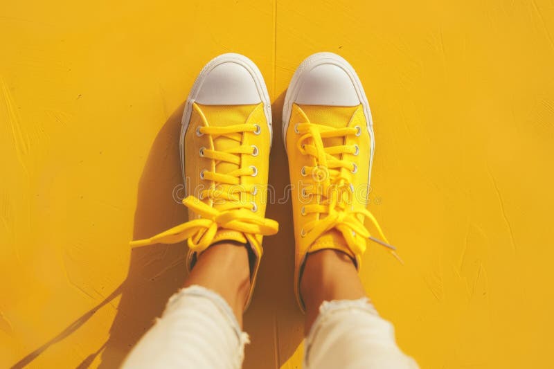 Feet in Yellow Sneakers on a Yellow Surface Stock Image - Image of ...