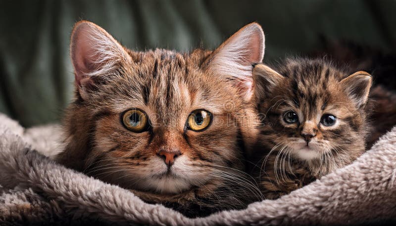 Felidae Cat and Small Kitten Resting on a Blanket Stock Illustration ...