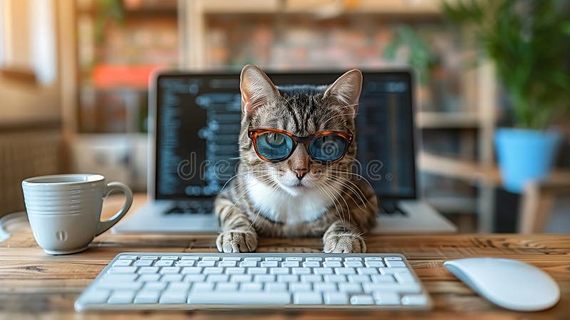 Felidae Carnivore Cat with Whiskers Uses a Laptop on a Desk Stock Photo ...