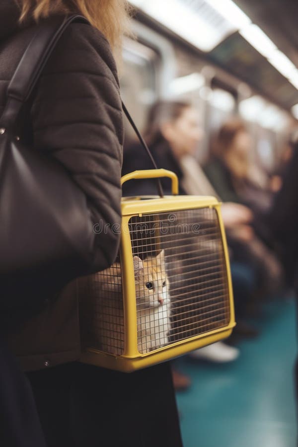 Feline Commuter: a Cat in a Carrier on a Busy Subway Train Stock ...