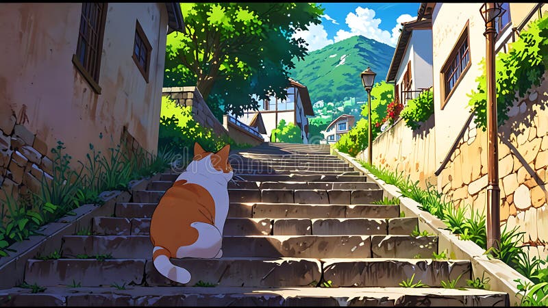 Feline Explorer: Curious Cat on Stone Steps, Awaiting Adventure Stock ...